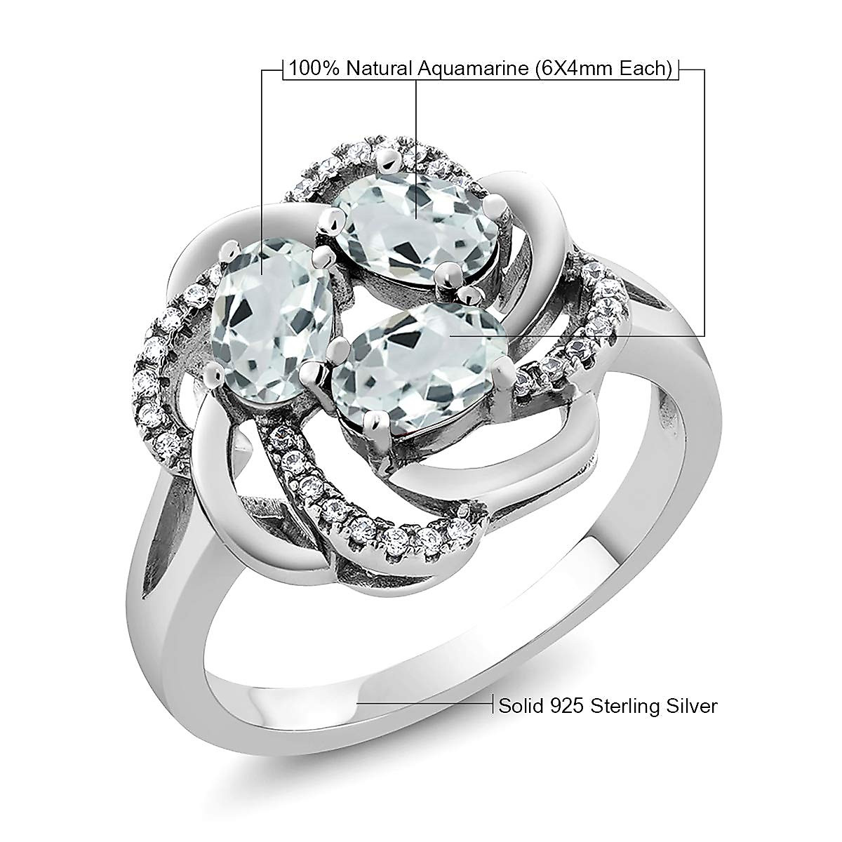 Gem Stone King 925 Sterling Silver Sky Blue Aquamarine Ring For Women (1.87 Cttw, Oval 6X4MM, Gemstone March Birthstone, Available In Size 5, 6, 7, 8, 9)
