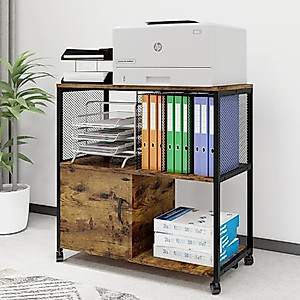 PUNCIA Mobile Wood Lateral File Archive Folder Cabinets with 3 Compartments Rack for Binder Storage Rolling Filing Printer Cabinet with Wheels and Open Storage Shelves for Home Office
