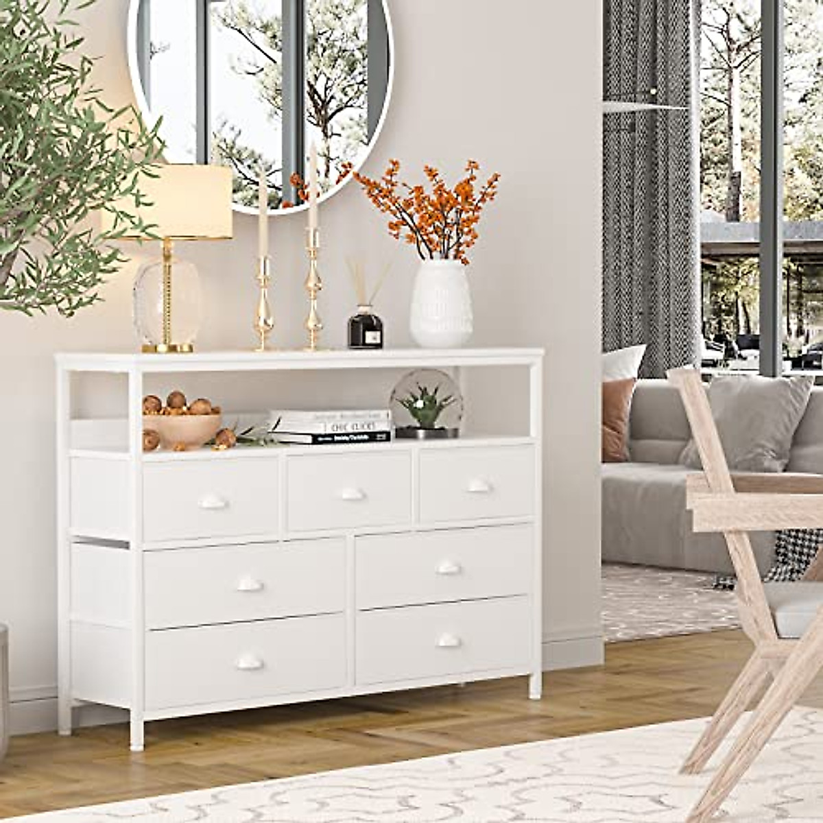 Furologee White TV Console Table, TV Stand with 7 Storage Drawer, Sofa Table with 2-Tier Shelves, Entertainment Center for 45" TV, Storage Fabric Drawer Unit for Bedroom, Living Room, Entryway
