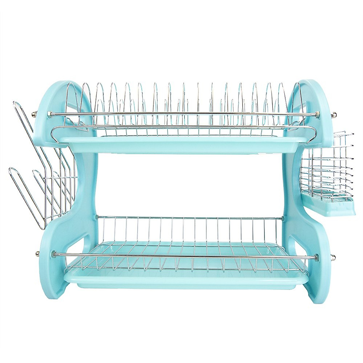 Home Basics 2 Tier Dish Drainer (Turquoise) Dish Rack for Kitchen Counter, with Cutlery Holder and Cup Slots