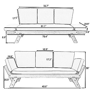 Harper & Bright Designs Adjustable Wooden Daybed Sofa Chaise Lounge, Expandable Patio Sectional Sofa with Gray Cushions for Decks, Poolsides, Balconies