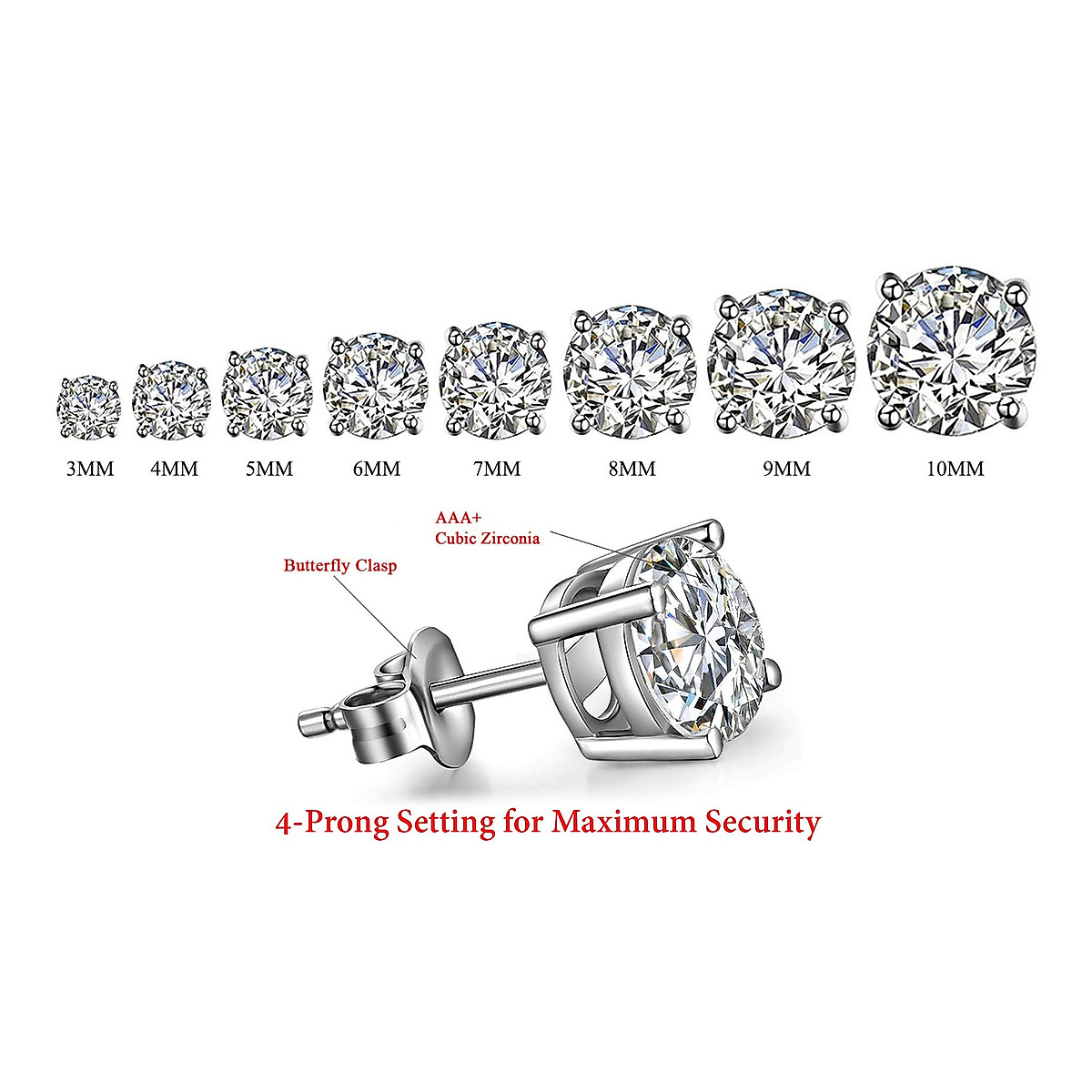 925 Sterling Silver Uninsex 3mm - 10mm Round Clear Cubic Zirconia CZ Rhodium Stud Earrings, Giorgio Bergamo (6,8,10mm)