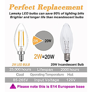 Lamsky E14 European Base LED Filament Edison Bulb, 2W Warm White 2700K, No-Dimmable (4-Pack)