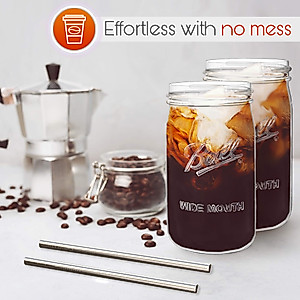 Reusable Wide Mouth Smoothie Cups Boba Tea Cups Bubble Tea Cups with Lids and Silver Straws Mason Jars Glass Cups (2-pack, 32 oz mason jars)