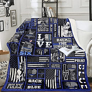 Police Blanket Flannel Throw Blanket Retirement for Dad Husband Son Boyfriend Convenient Comfortable All Seasons Super Soft Bed Sofa Couch Foldable Unisex 130x150 Blue 50x60