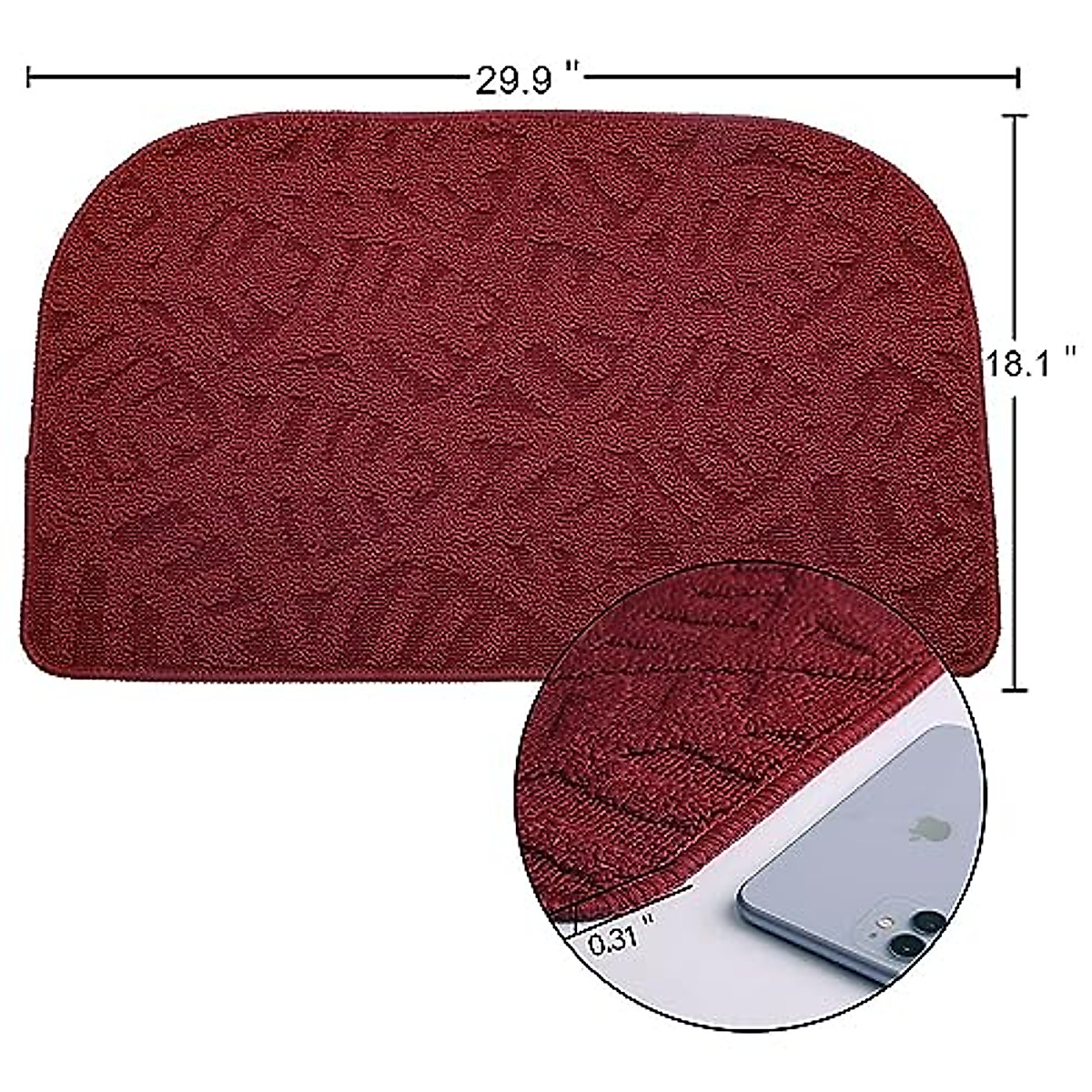 TOONOW Indoor Doormat Front Door Mat,30"x18", Low-Profile Machine Washable Kitchen Rug, Absorbent Mud Half Round Entrance Mat for Outdoors, Entryway, Patio, Bedroom, Red