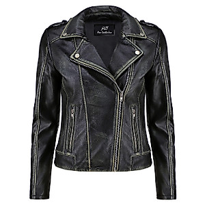 Jild Biker Style Vintage Leather Jacket Women - Casual Fashion Motorcycle Zip-Up Lightweight Coat Collar Women Leather Jacket (Distressed-M)
