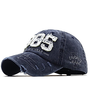 Washed Baseball Cap for Men Women Adjustable Distressed Denim Hat Dad Hat Trucker Hat (Navy Blue), 6 3/4-7 1/2