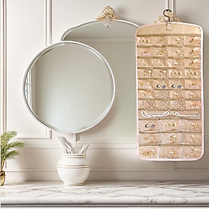 Gurajo Hanging Jewelry Organizer Doubled-sided with Pockets & Hooks for Rings, Earrings, Necklaces, Hair Accessories Storage Roll, Closet Earring Holder Organizer for Wall, Door, Travel, 1 PCS, Pink