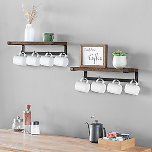 Dahey Mug Holder Wall Mounted Mug Rack with Hooks, Set of 2, Storage Rustic Floating Shelf Coffee Bar Accessories Wood Coffee Cup Hanger for Organizing Cooking Utensil Home Kitchen Decor, Brown