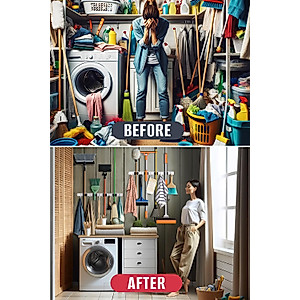 Mop and Broom Holder Wall Mount, Keep your Closet and Garage Tidy with a Heavy Duty Wall Mounted Mop and Broom Holder, - Utility Rack Laundry Room Organization and Storage Tool Rack Organizer Hooks