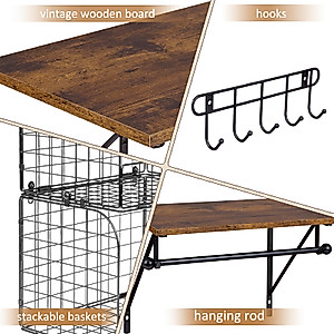 Laundry Room Shelves Wall Mounted with Wire Baskets, Over the Washer and Dryer Shelf with Clothes Drying Rack, Wire Shelves Baskets for Laundry Closet Organization and Storage, Wood+Metal, Black