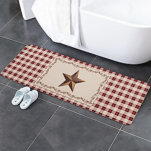 Libaoge Kitchen Mat Rug 1 PCS Rustic Barn Texas Western Star Red Buffalo Plaid Runner Rug Anti-Fatigue Comfort Memory Foam Standing Mat Non-Slip Floor Door Mat for Bathroom Bedroom 24x71in