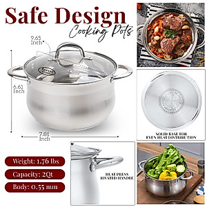 Alpine Cuisine Stainless Steel Dutch Oven Belly Shape 2 Quart - Dutch Oven Pot with Lid, Stove Top Cookware for Cooking, Comfortable Handles, Dishwasher Safe & Easy to Clean