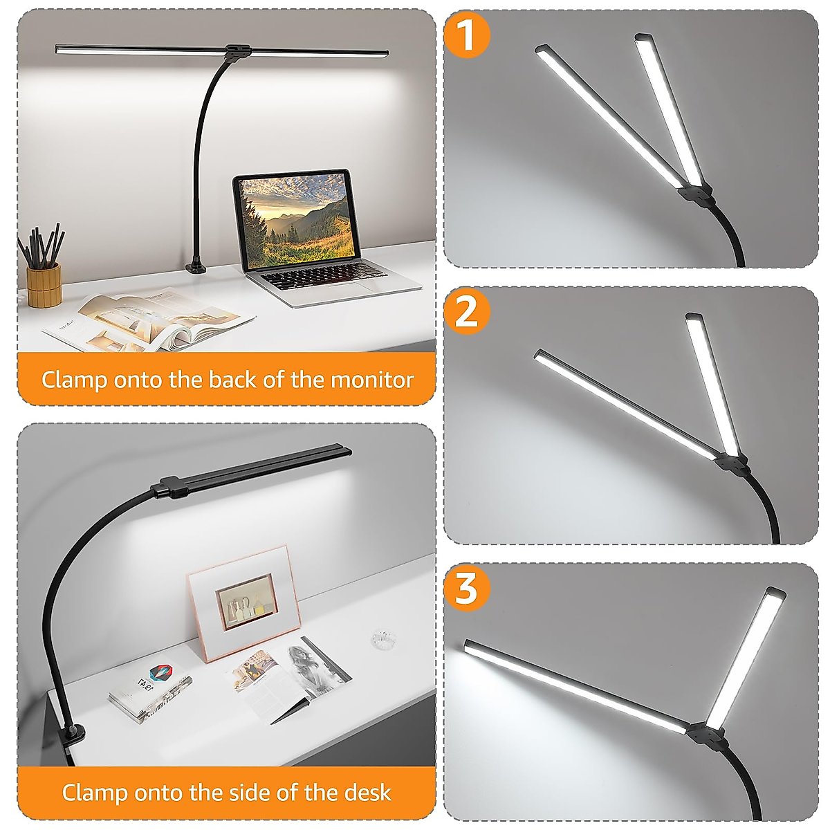ShineTech Led Desk Lamp for Office Home, Bright Double Head Desk Light with Clamp, Architect Task Lamp 50 Lighting Modes Adjustable Flexible Gooseneck