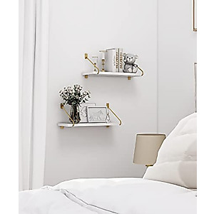 Godimerhea White Floating Shelves for Wall, Set of 2 Wall Mounted Hanging Wood Shelf with Gold Brackets, Modern Luxury Decorative Organizers Storage Shelves for Bathroom, Living Room, Bedroom