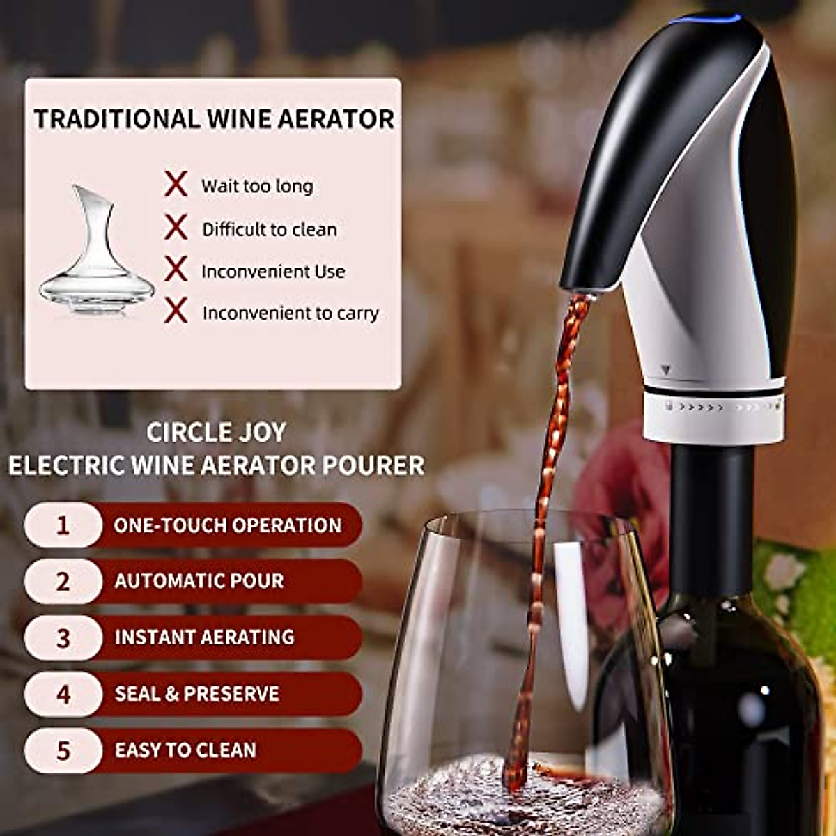 CIRCLE JOY Electric Wine Aerator Pourer Rechargeable 3-in-1 Automatic Wine Decanter Dispenser Preserver Penguin Shape Gifts for Wine Lovers, Black