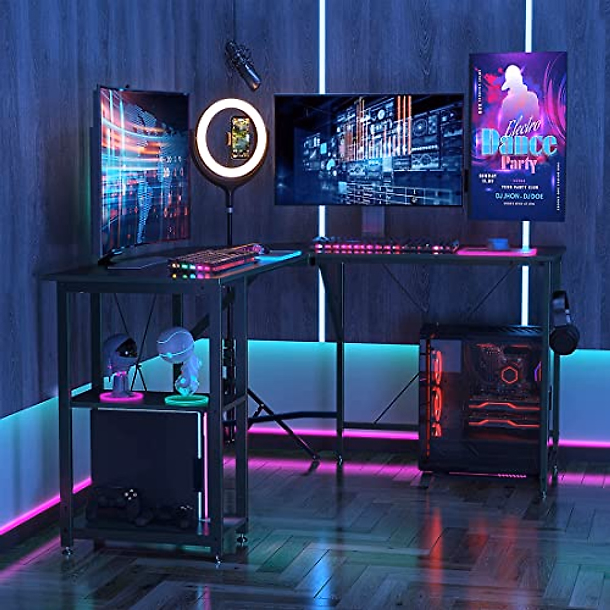 fukifuki L-Shaped Gaming Desk, 59.1" Corner Computer Office Desk, Writing Workstation,with Adjustable Shelves, Space-Saving, Easy to Assemble (Black)