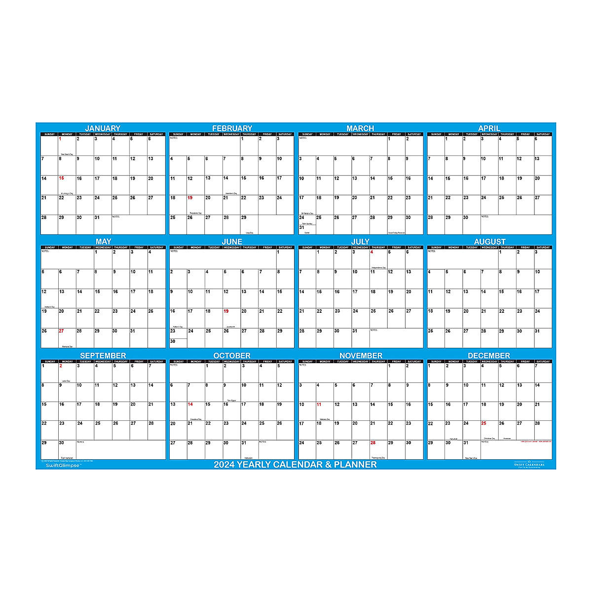 24" x 36" SwiftGlimpse 2024 Wall Calendar Erasable Large Wet & Dry Erase Laminated 12 Month Annual Yearly Wall Planner, Horizontal, Blue