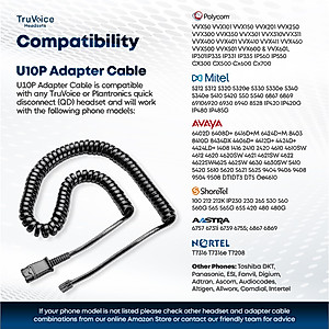 TruVoice U10P Adapter Cable Compatible with Any Plantronics (QD) Headset and Works with Mitel, Nortel, Avaya Digital, Polycom VVX, Shoretel, Aastra, Digium, ESI, Allworx and More