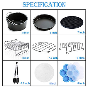 8 inch Air Fryer Accessories with Recipe Cookbook, Compatiblefor 5.3 QT-5.8 QT and Larger Size Air Fryer and Pressure Cooker, Gowise USA, COSORI,Cozyna