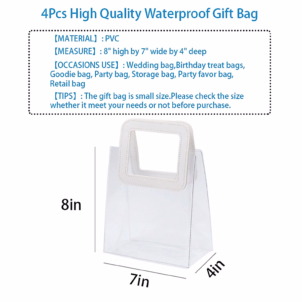 Clear Gift Bag with Handle, 4 Pcs Transparent PVC Gift Bag, Heavy Duty Reusable Gift Wrap Bags for Bridal Party, Baby Shower, Wedding Favor, Shopping Bag Bulk- 7"x4" x8"