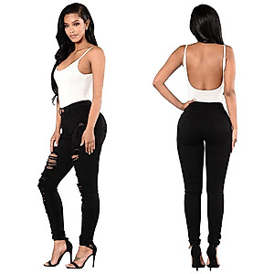 TKMUNY Women's High Rise Stretch Skinny Ripped Jeans Distressed Denim Leggings (XL) Black