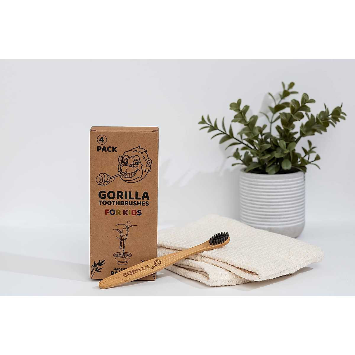 Kid's 4 Pack - Gorilla Bamboo Toothbrush Soft Natural Bristle for Sensitive Gums - Eco Friendly Recyclable Biodegradable Sustainable Products Helping to Save The Planet - One Toothbrush at a Time