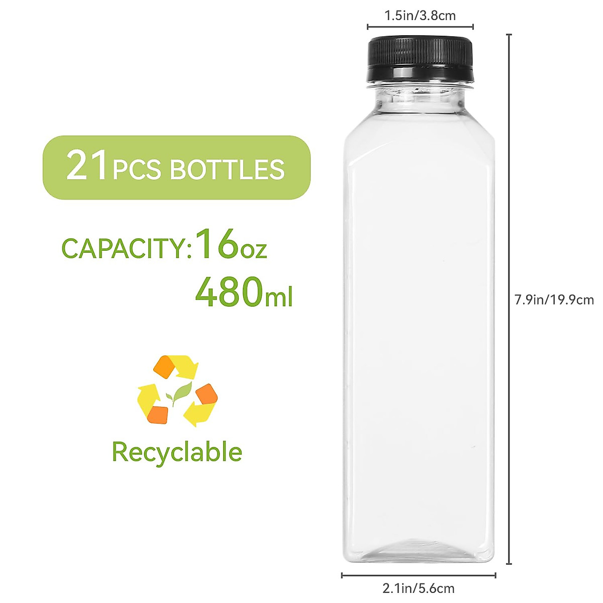 Party Club of America 21pcs 16oz Square Empty Reusable Juice Bottles With Caps,Label, Funnel, And Brush Drink Containers For Juicing Milkshake And Other Beverages