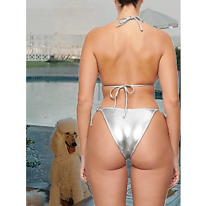 Ella Lust Metallic Bikini for Women - Silver Bathing Suit High Waisted Tie Side Thong Bottom Triangle Top Shiny Swimsuit(Silver,XS,1026a)