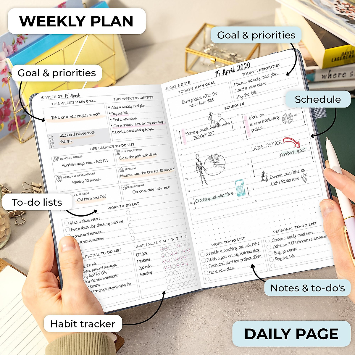 Clever Fox Planner Daily Premium – Undated Daily Planner with Hourly Schedule, Personal Organizer, Productivity Journal, 6 Months (Silver Black)