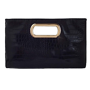 Crocodile Synthetic Leather Top Handle Clutch, BLACK Medium