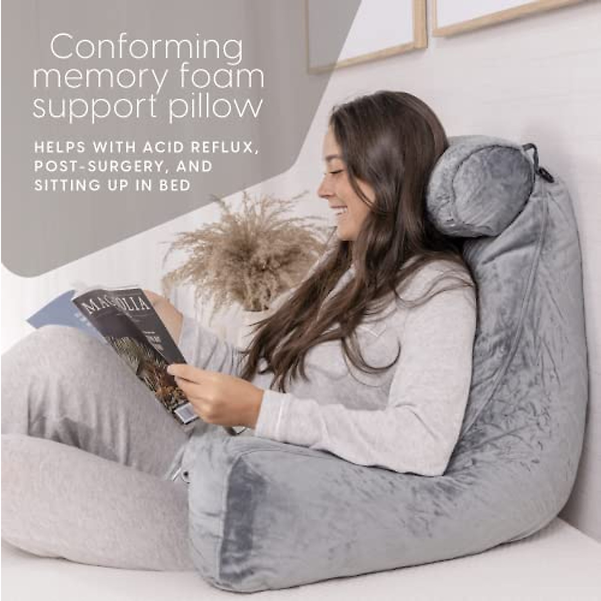 Milliard Extra Large Reading Pillow with Shredded Memory Foam, Wedge Back Rest Pillow for Sitting in Bed with Removable Velour Cover –24x18 inches (Grey)