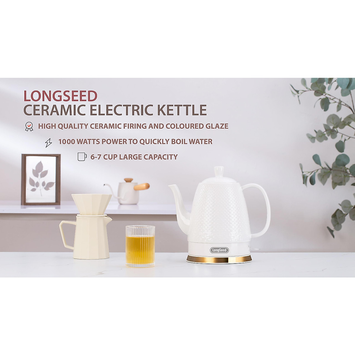 LONGSEED Ceramic Electric Kettle with Fine Mesh Infuser, 1.2L/1000W Boil Water Quickly and Easily with Boil-Dry Protection Auto Shut Off, Detachable Swivel Base, Glazed Relief Carving