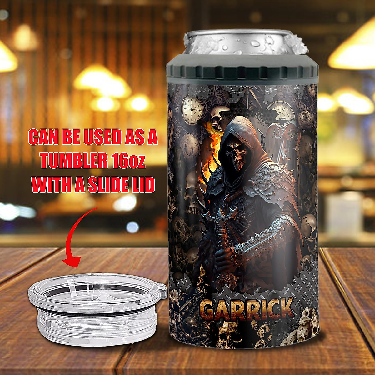 Personalized Skull Can Cooler 4 in 1 Holder Cup with Lid Customized Name Who Love Skulls 16oz Beer Drinking Gifts for Men Birthday Fathers Day