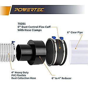 POWERTEC 70281 6 Inch Dust Control Flex Cuff with Adjustable Key Hose Clamps, Hose Connector Rubber Cuff Coupler for Woodworking Dust Collection Fittings, Dust Collector Accessories & Machinery, 1pk