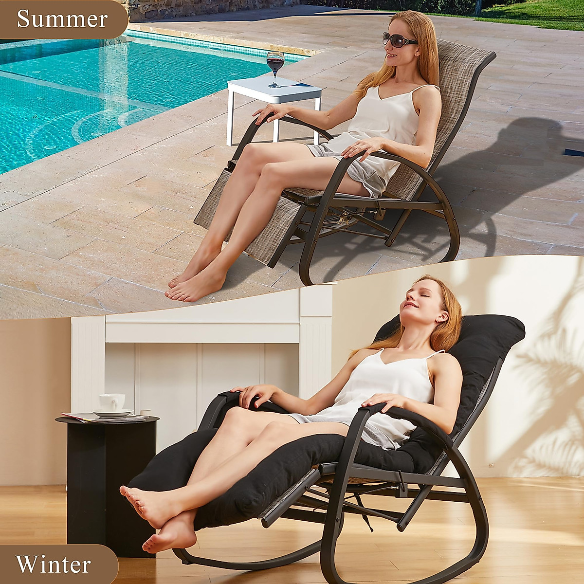 Patio Rocking Chairs with Armrest&Pockets Rocker Lounger with Removable Cotton Pads Suitable for Patio, Garden and Lawn (Black)