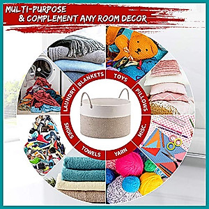 MINTWOOD Design Extra Large 22 x 14 Inches Cotton Rope Blanket Basket Living Room, Woven Laundry Basket, Toy Storage Baskets Bin, Decorative Round Pillow Towel Basket with Handles