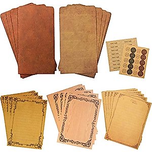 ADVcer Vintage Stationary Paper and Kraft Envelopes Set with Seal Stickers, 72pcs 3 Patterns 8.3x5.7" Writing Stationery Paper + 20pcs 2 Colors 7.9 x 4.7" Letter Envelope + 36pcs 2 Styles Rustic Seals