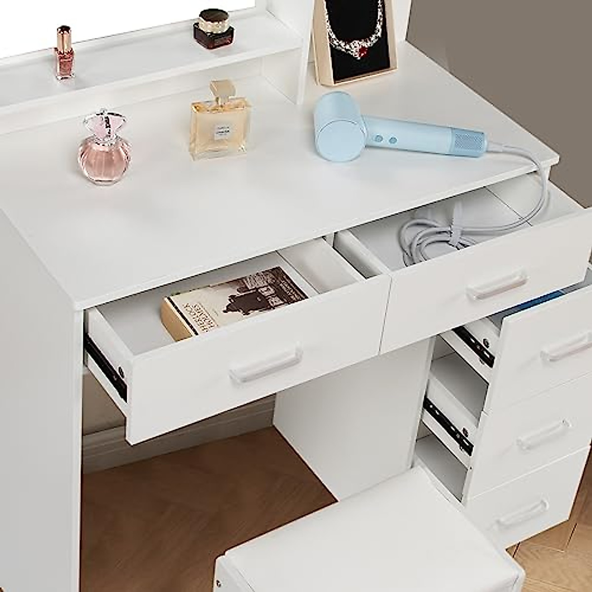 Buildonely Hollywood Girls Vanity Set with 5 Storage Drawers, Makeup Table Set with Wide Desktop and Cushioned Stool, Dressing Desk White Vanity Mirror with Lights for Bedroom