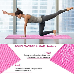 Foldable Yoga Mat for Women, Non Slip Exercise Mat for Home Gym, Travel Yoga Set With Stretch Strap for Yoga Pilates and Fitness, 68"L x 24"W x 5mm Thick (Pink)
