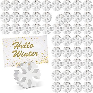 50 Pcs Christmas Snowflake Wooden Place Card Holders Farmhouse Ornament Winter Table Number Rustic Name Card Picture Holders Wood Table Sign Stands for Xmas Holiday Party Wedding Party Supplies