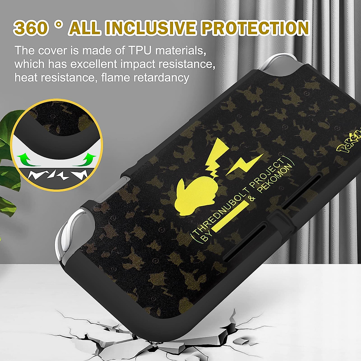 DLseego Flash Pika Switch Lite Protective Case Cool Soft TPU Shell Shockproof Scratch Resistant Cover Joy Con Japanese Amine Skin with 2PCS Lovely Cartoon Thumb Grips Caps for Switch 2019 - Black