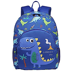 F-color Kids Backpack for School - Lightweight Toddler - Water Resistant Preschool Backpack for Boys and Girls with Chest Strap, Reflective Stripes, BPA Free, Dinosaur Blue