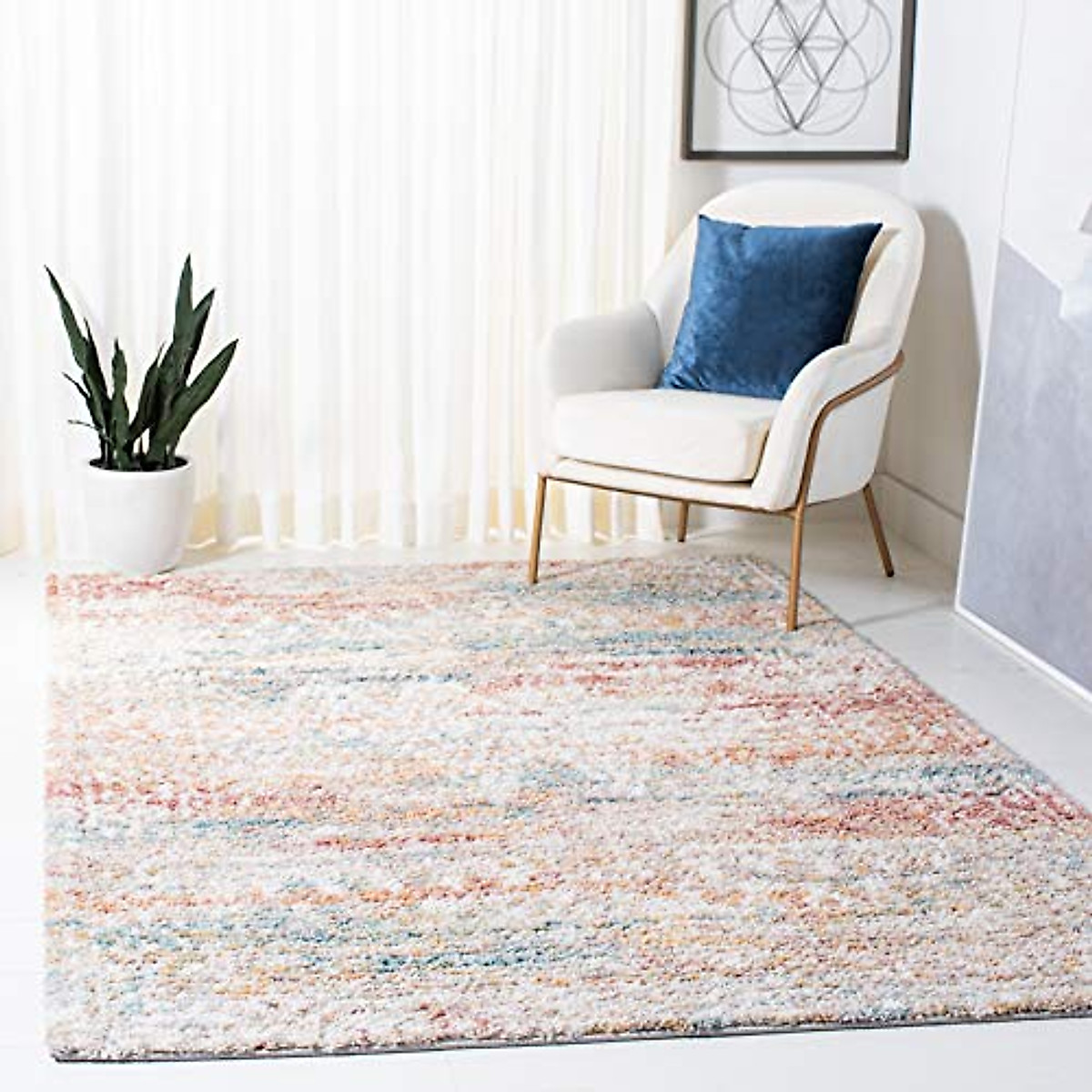 SAFAVIEH Calista Shag Collection 5'5" x 7'7" Ivory/Beige CAL138A Moroccan Boho Non-Shedding Living Room Bedroom Dining Room Entryway Plush 1-inch Thick Area Rug