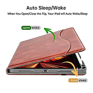 HFcoupe iPad Pro 12.9 Case 6th Generation 2022 / 5th Gen 2021, 12.9 Inch iPad Pro case with Pencil Holder and Pocket, Multiple Angles Viewing Flip Cover Protective Folio Auto Sleep/Wake - Brown