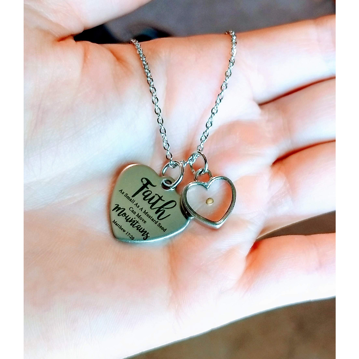 HOPE INSPIRED Real Mustard Seed Necklace Heart Faith Necklace for Women Christian Gifts (Faith Can Move Mountains)