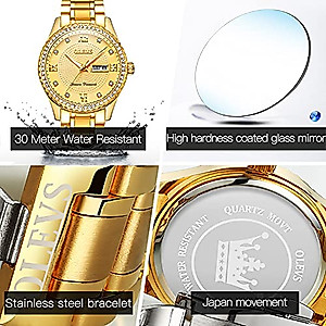 OLEVS Luxury Men Watch Gold Face Diamond Waterproof Stainless Steel Wrist Watch with Day and Date Quartz Man Wristwatches Analog Big Face Male Watches Calendar Fashion Relojes De Hombre