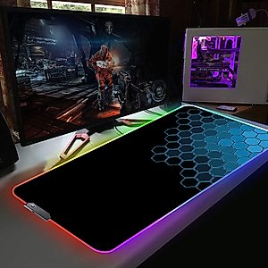 Gaming Mouse Pads Three-Dimensional Geometric Hexagon Oversized RGB Gaming Mouse Pad Blue LED Keyboards Mousepad Large Pc Desk Mats for Computer Laptop Gamer,USB Ports XXL,300X600mm