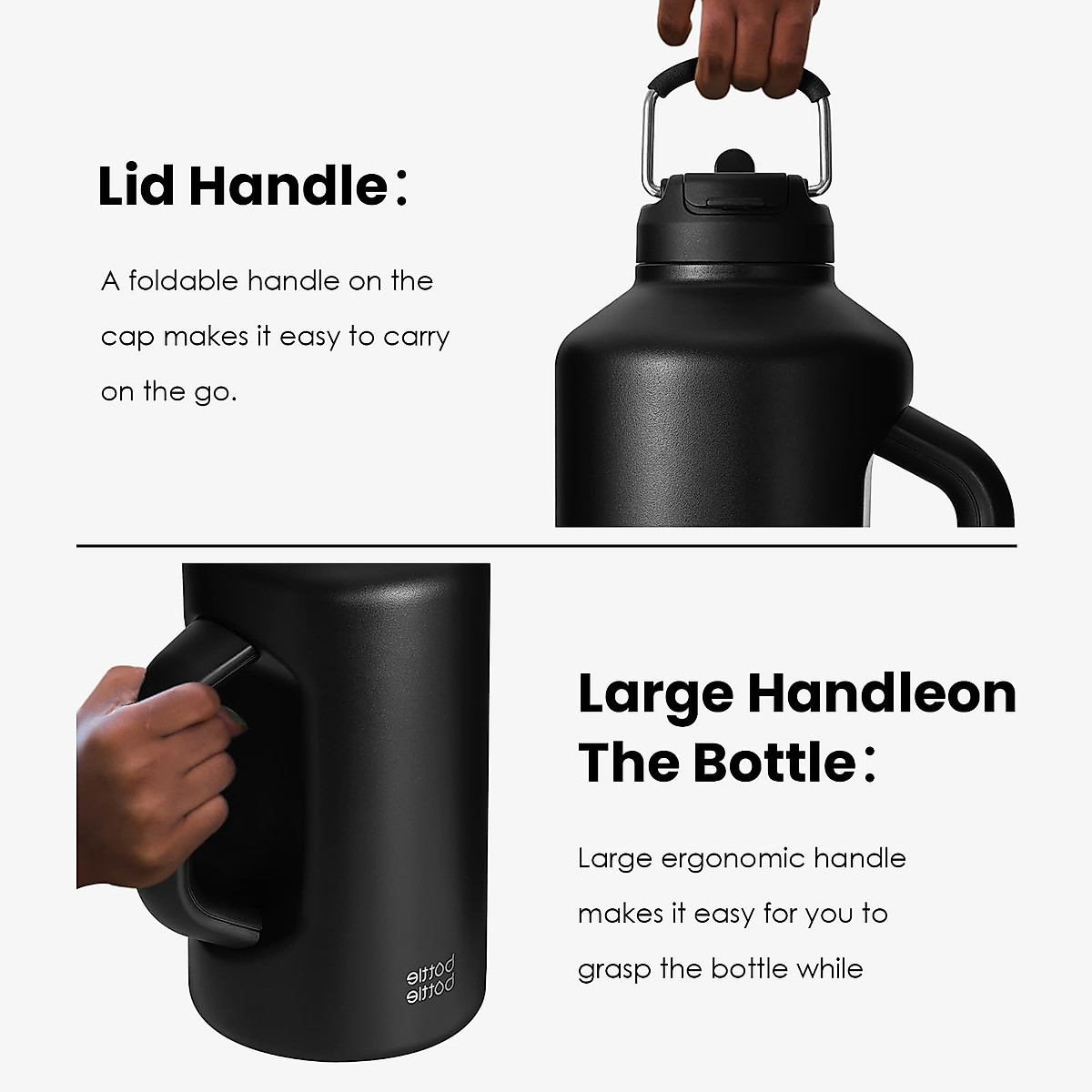 BOTTLE BOTTLE Insulated Water Bottle 64 oz with Straw and Dual-use Lid Sport Stainless Steel Half Gallon Water Bottle for Men with Handle Vacuum Stainless Steel for Workout and Sports(black)